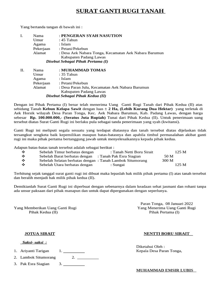 Surat Ganti Rugi Tanah Pertanian | PDF