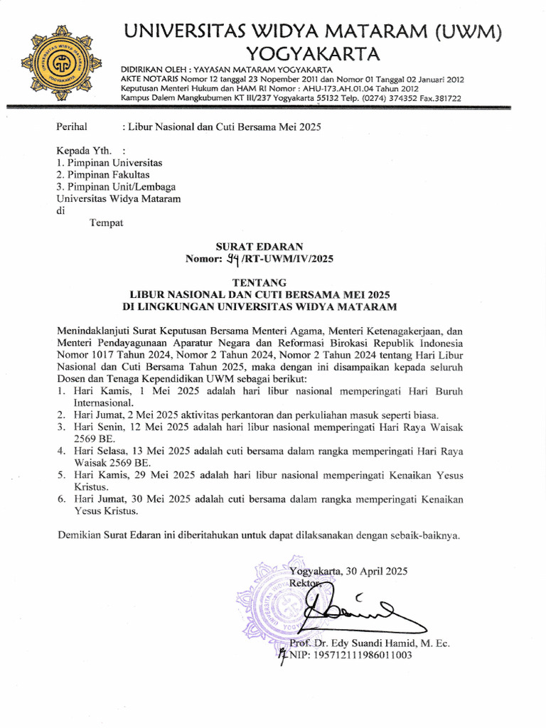 94 RT UWM 2025 Surat Edaran Libur Nasional & Cuti Bersama 2025 di Lingkungan UWM | PDF