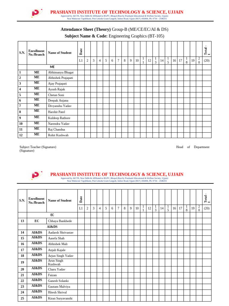 Attendance Sheet GB 1 YEAR | PDF