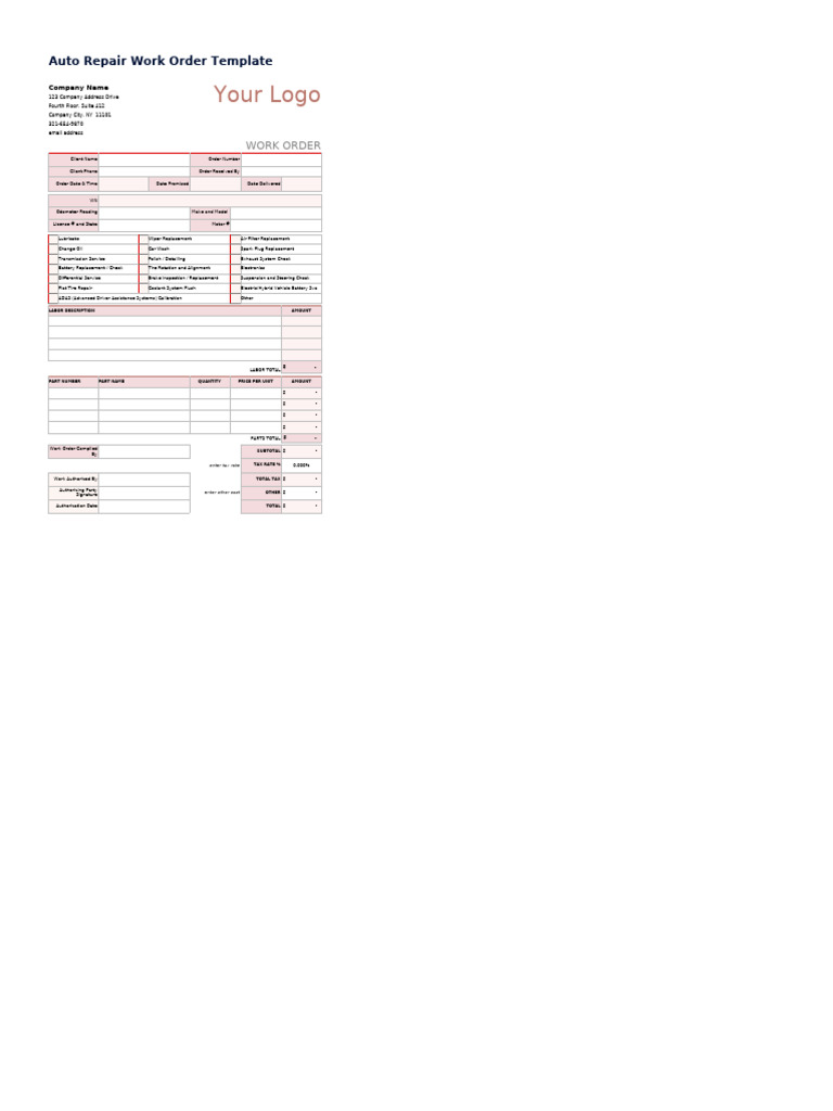 Auto Repair Work Order Template | PDF | Car Body Styles | Vehicle ...