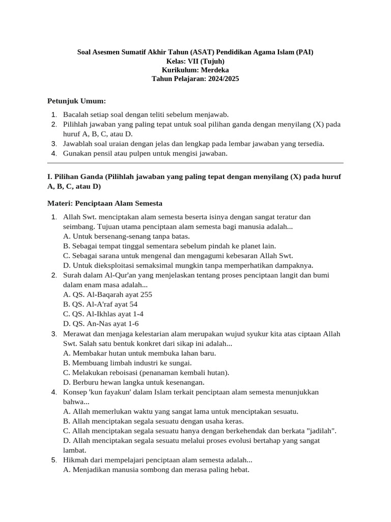 Soal ASAT PAI Kelas VII | PDF