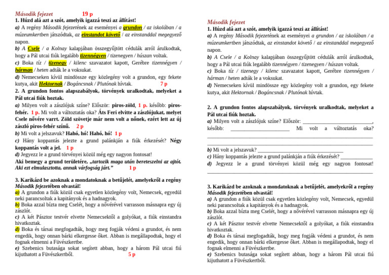 kicsinyített_A Pál utcai fiúk_2. fejezet megoldás | PDF
