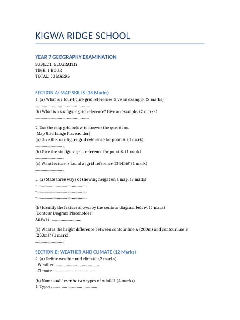 Year 7 Geography Exam Guide | PDF | Contour Line | Map