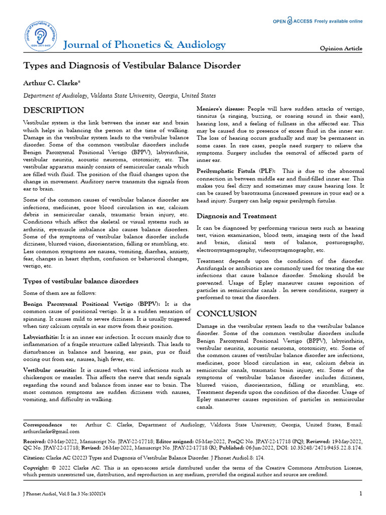 Types and Diagnosis of Vestibular Balance Disorder | PDF | Vertigo | Ear