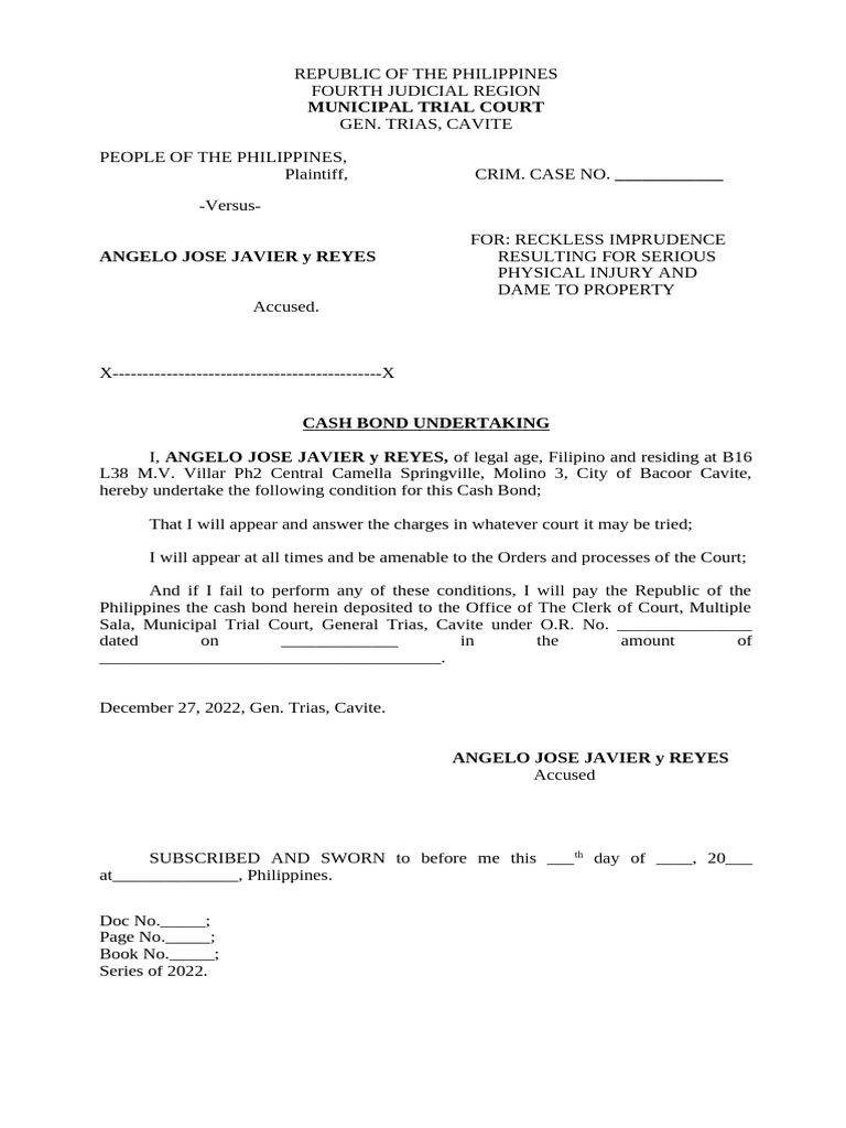 Cash Bond Undertaking Angelo | PDF