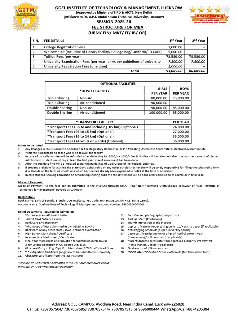 Mba Fee Structure 2025 26 | PDF