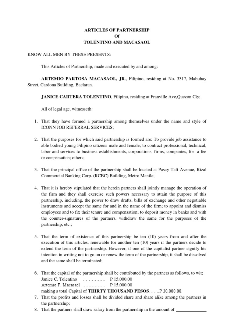 Articles of Partnership | Partnership | Private Law