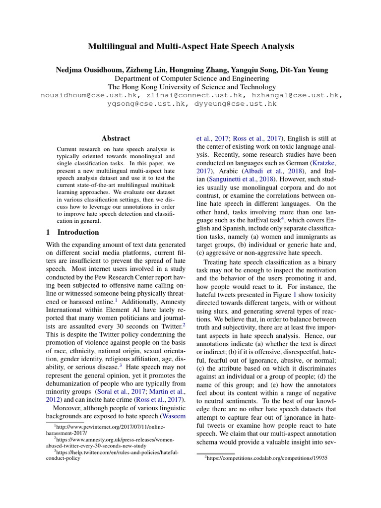 Ousidhoun Multilingual and Multi Aspect HAte Speech Analysis | PDF | Hatred | Deep Learning