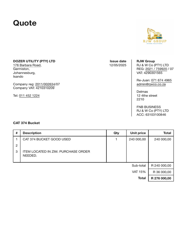 RJW Group Machinery Sales Quote | PDF