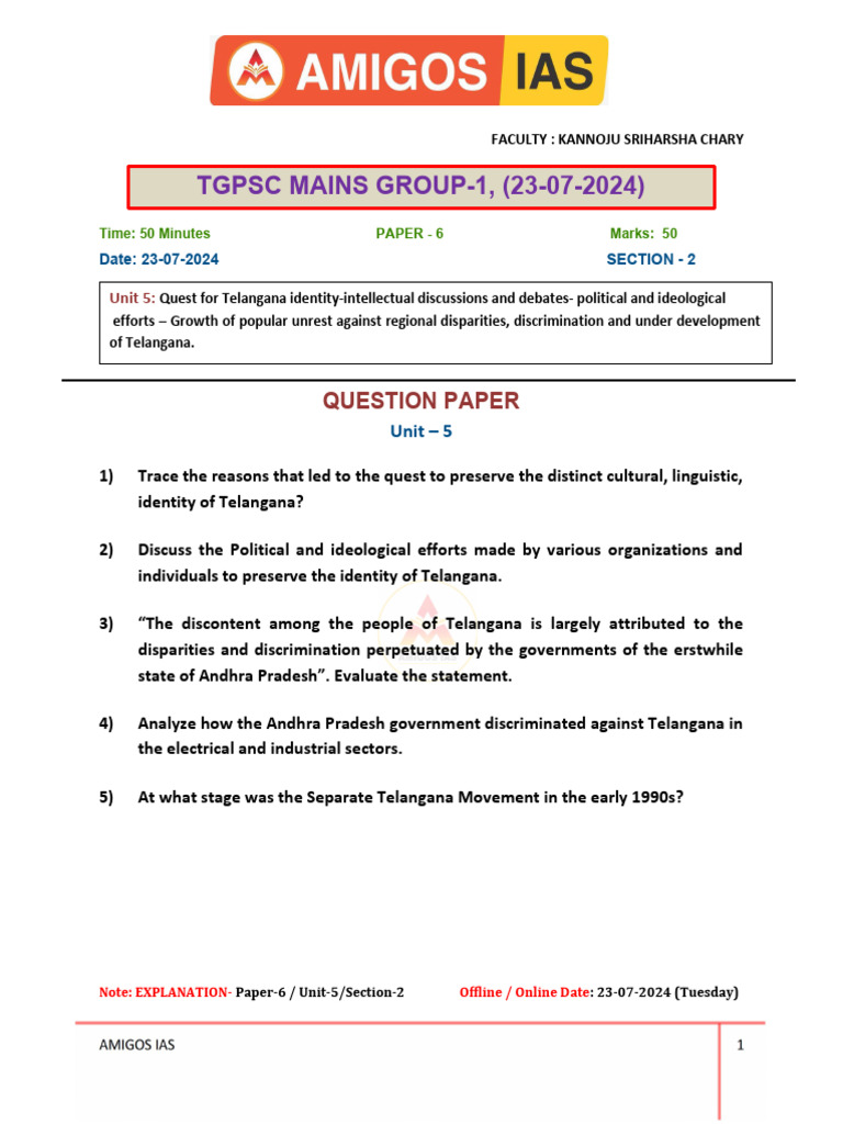 TGPSC Mains Daily Test Paper 6 Unit 5 Section 2 2 240728 231718 | PDF