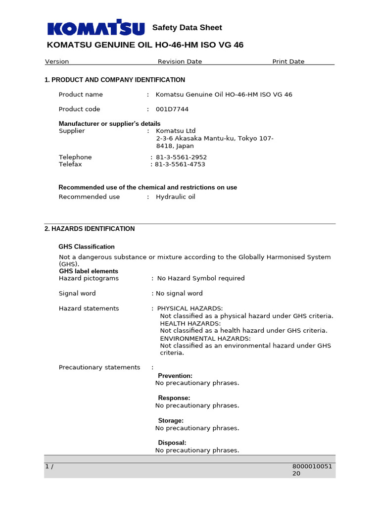 13.MSDS Komatsu HO46-HM - Bahasa Asing | PDF | Occupational Safety And Health | Chemistry