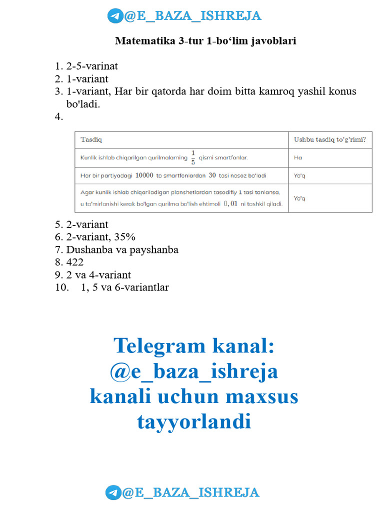Cerebry Matematika 3-Tur 1-Bo'Lim@E - Baza - Ishreja | PDF