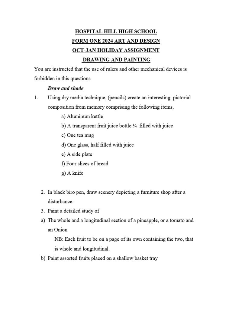 Art & Design Form 1, 2024 Oct Jan Holiday Assignment | PDF