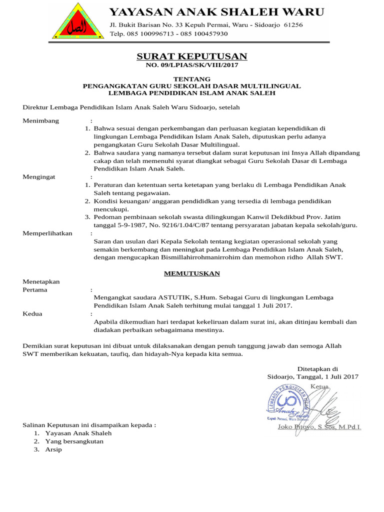 Contoh SK Pengangkatan Yayasan | PDF