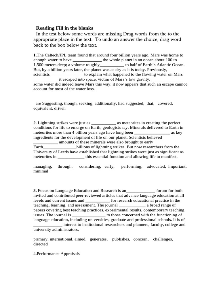 Fill-in-the-Blank Reading Exercises | PDF | Mars | Earth