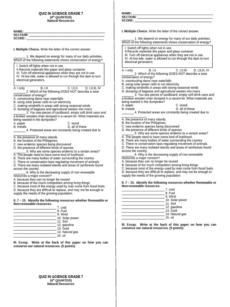 QUIZ IN G7 Natural Resources | PDF | Sustainable Development | Economy ...