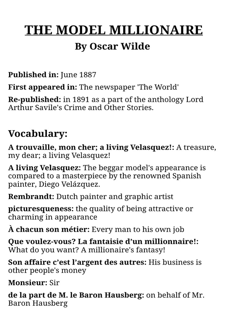 The Model Millionaire: Class 11 Guide | PDF
