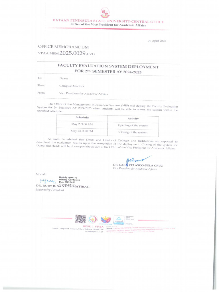 VPAA.mem.2025.0029 Faculty Evaluation System Deployment for 2nd ...