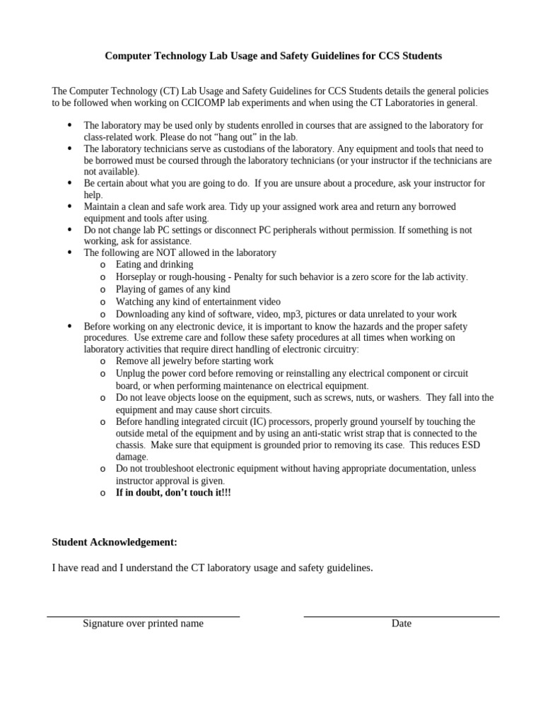 CT Lab Use Agreement For CCICOMP Students - 1 | PDF | Laboratories | Manufactured Goods
