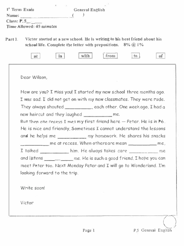 P.5 General English Term Exam Letter | PDF