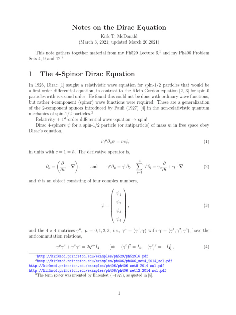 Dirac Equation | PDF | Spin (Physics) | Electron