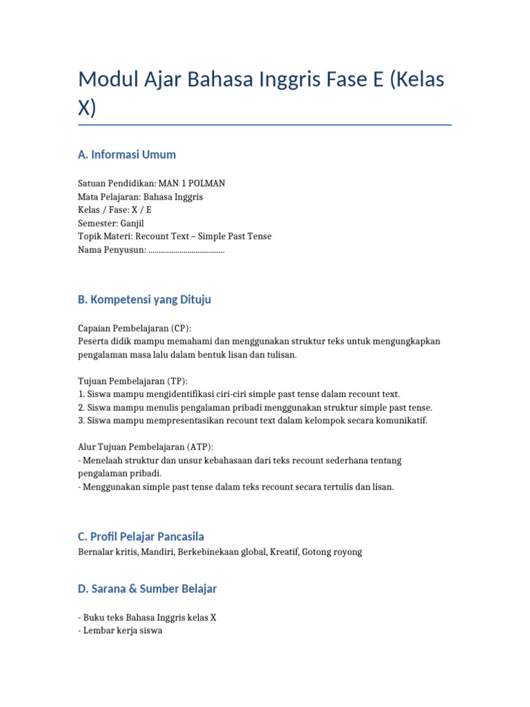 Modul Ajar Bahasa Inggris Kelas X Simple Past Tense | PDF