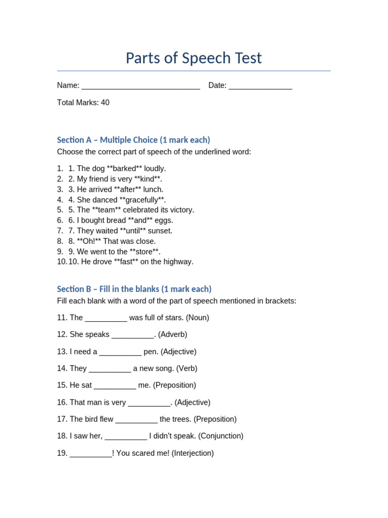 Grade 5 Parts of Speech Test | PDF