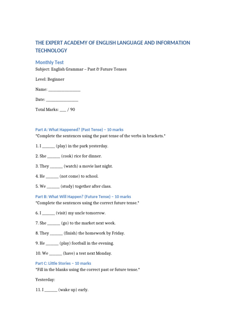 Monthly Test The Expert Academy | PDF | Grammatical Tense | Subject ...