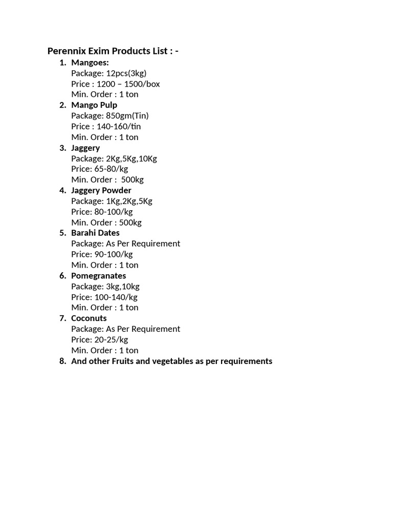 Perennix Exim Products List | PDF