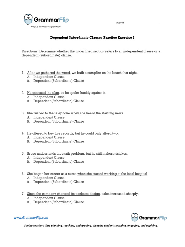 Dependent Subordinate Clauses GrammarFlip Worksheet PE1 | PDF