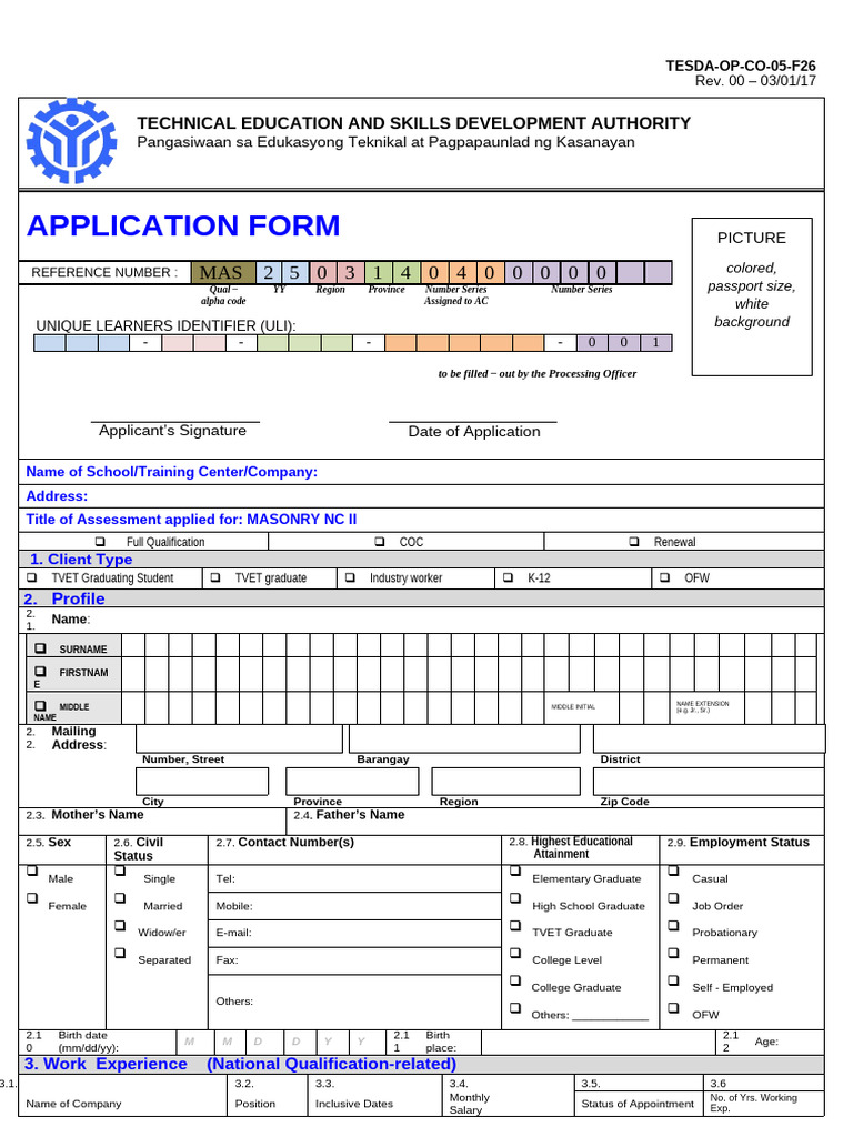 TESDA Masonry NC II Application Form | PDF