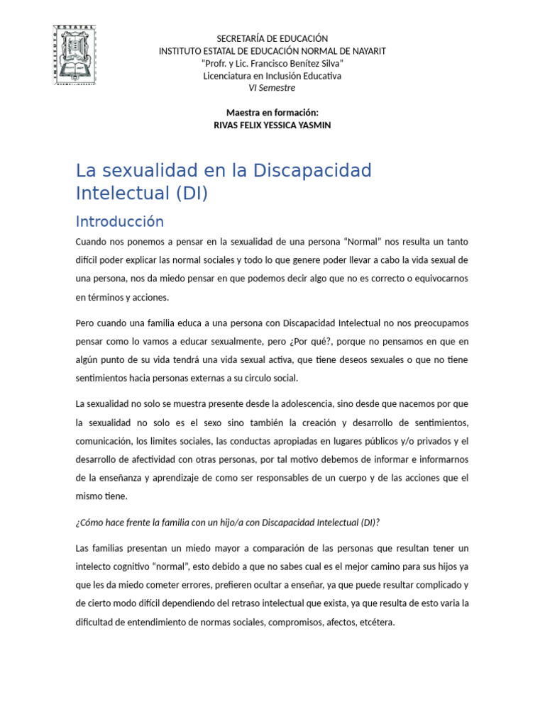 ACTIVIDAD No. 8 LA SEXUALIDAD Y LA DISCAPACIDAD | PDF | Invalidez | Discapacidad intelectual