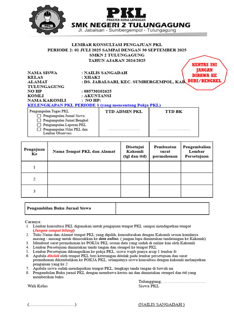 XIIAK2 NAILIS SANGADAH Lembar Konsultasi PKL 2 2024-2025 | PDF