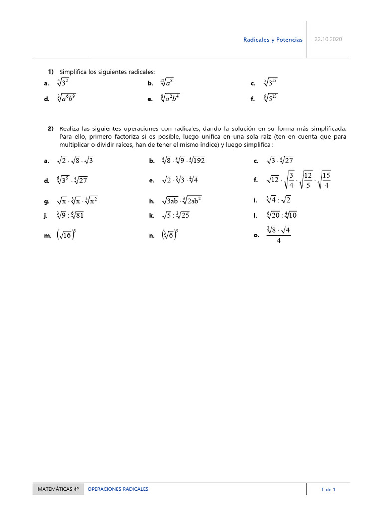Operaciones y Simplificación de Radicales | PDF | Matemática Elemental ...