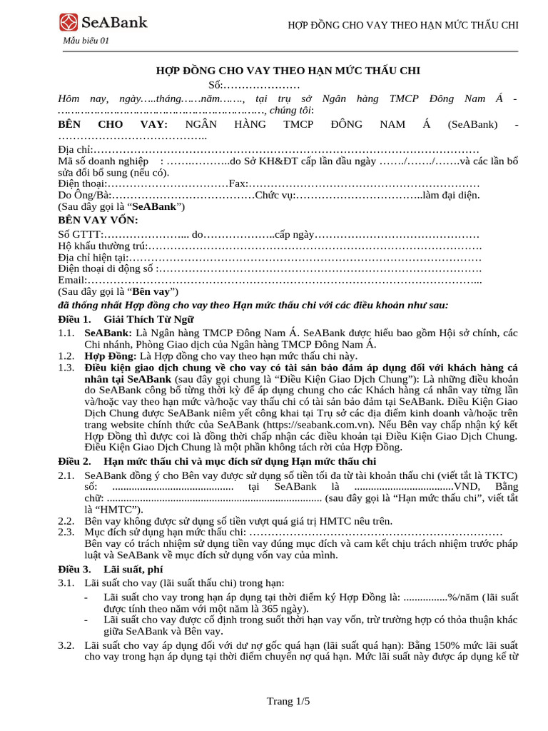 Mau bieu 01 - Hop dong cho vay theo han muc thau chi PC | PDF