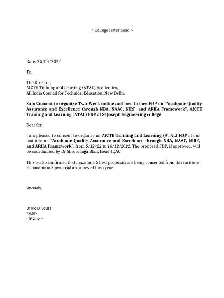 Consent Letter ATAL FDP 2021 22 | PDF