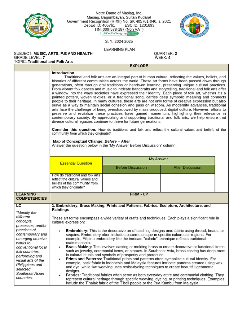 Mapeh LP Week 4 2ND M&a | PDF | Textiles | Embroidery