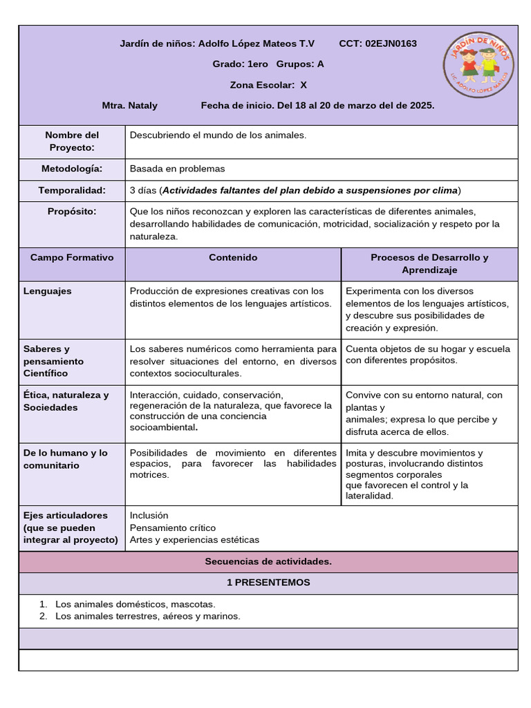 Formato Plan ABP 1A MARZO 3 Dias 2025 | PDF | Naturaleza | Educación de la primera infancia