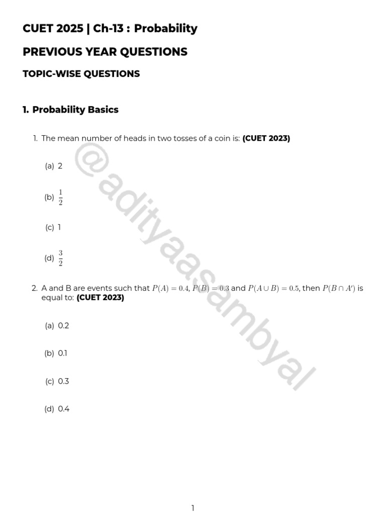 Ch-13 Probability CUET PYQs | PDF | Probability | Random Variable