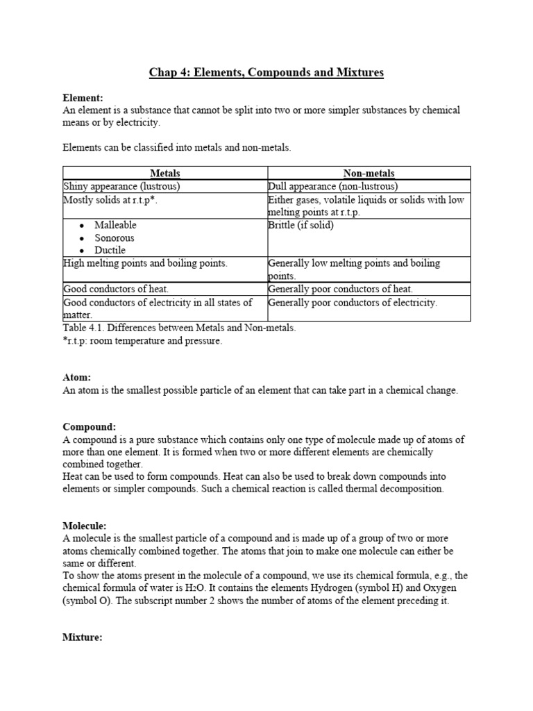 Chapter 4 - Elements, Compounds and Mixtures | PDF | Chemical Compounds ...