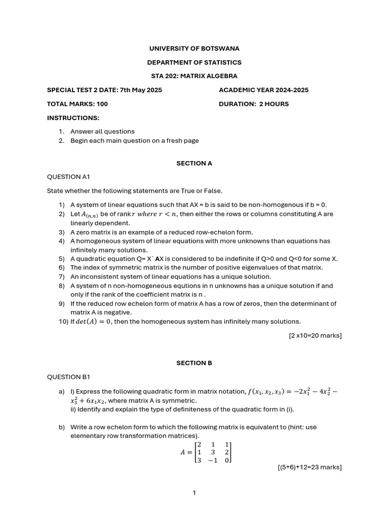 STA 202 Special Test 2 _May 2025 | PDF | Mathematical Physics | Algebra
