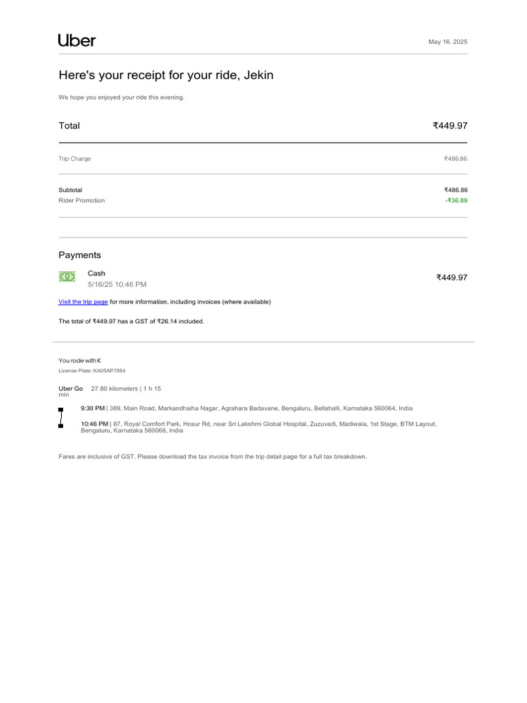 Uber Receipt 16may2025 224655 | PDF