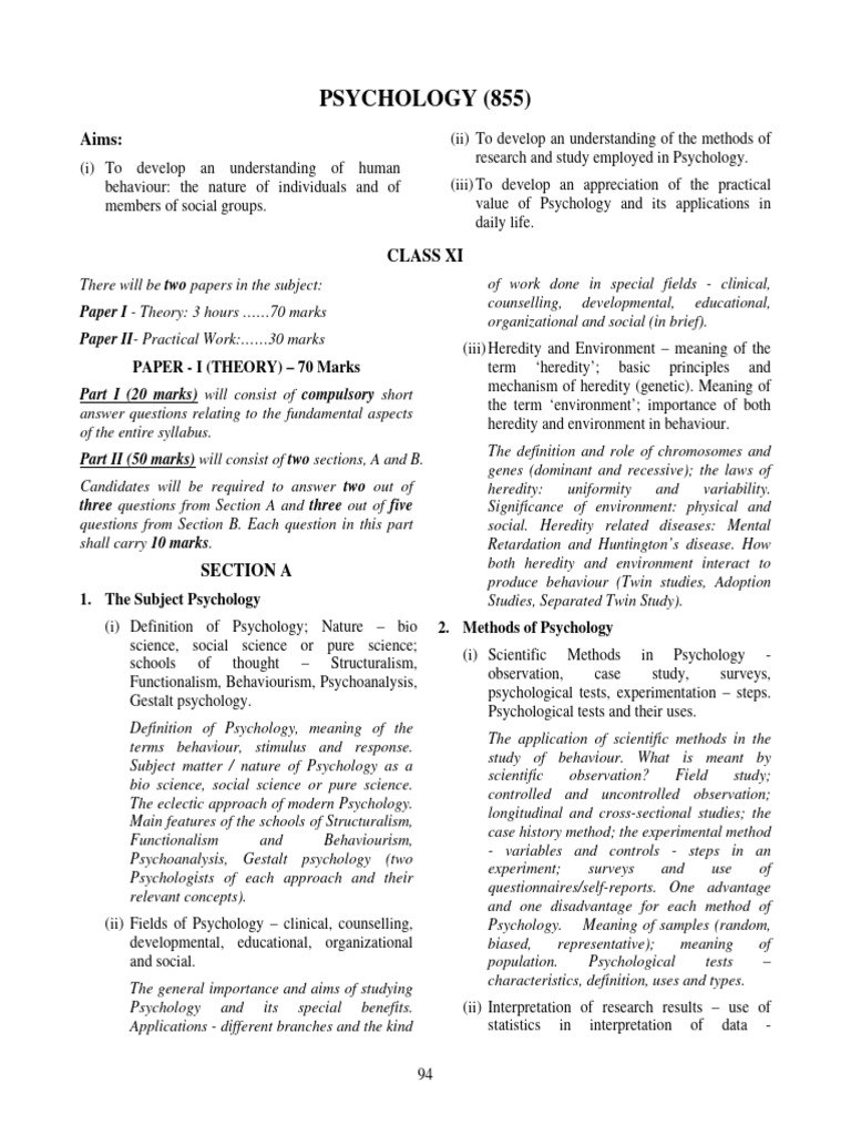 ISC Class 12 Psychology Syllabus 2024 | PDF | Psychology | Emotions