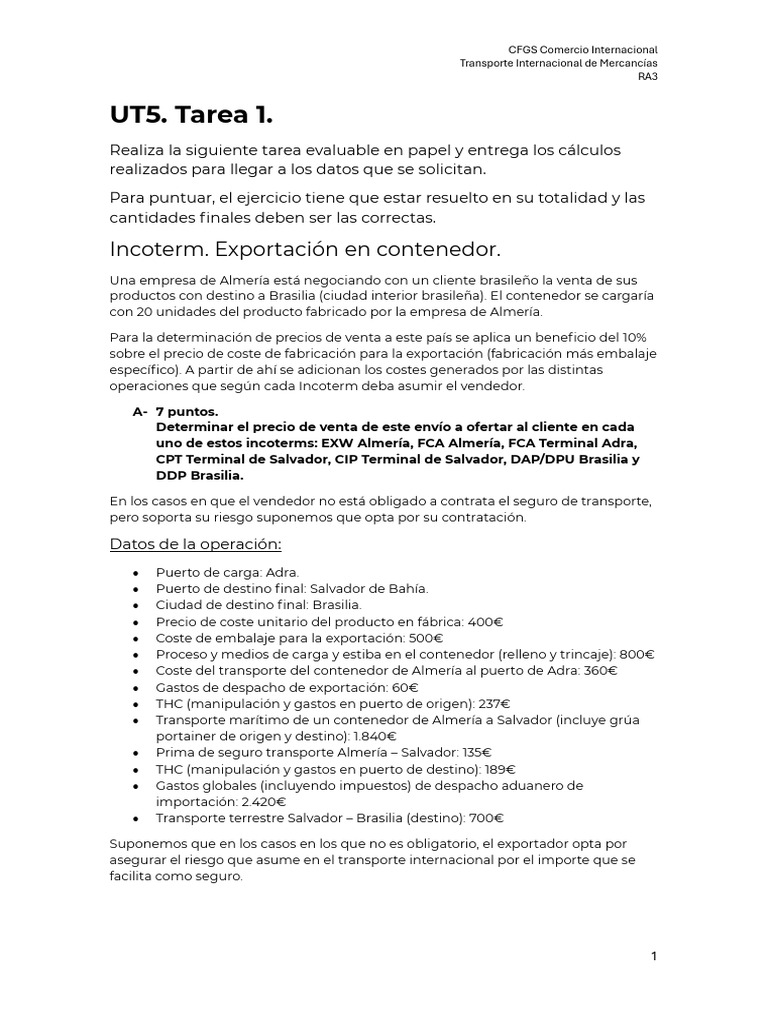 UT5. Tarea 1. Incoterm - AV | PDF | Comercio | Business