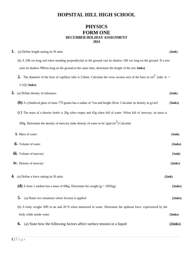 Physics Form 1 Dec. Assignment | PDF | Pressure | Density