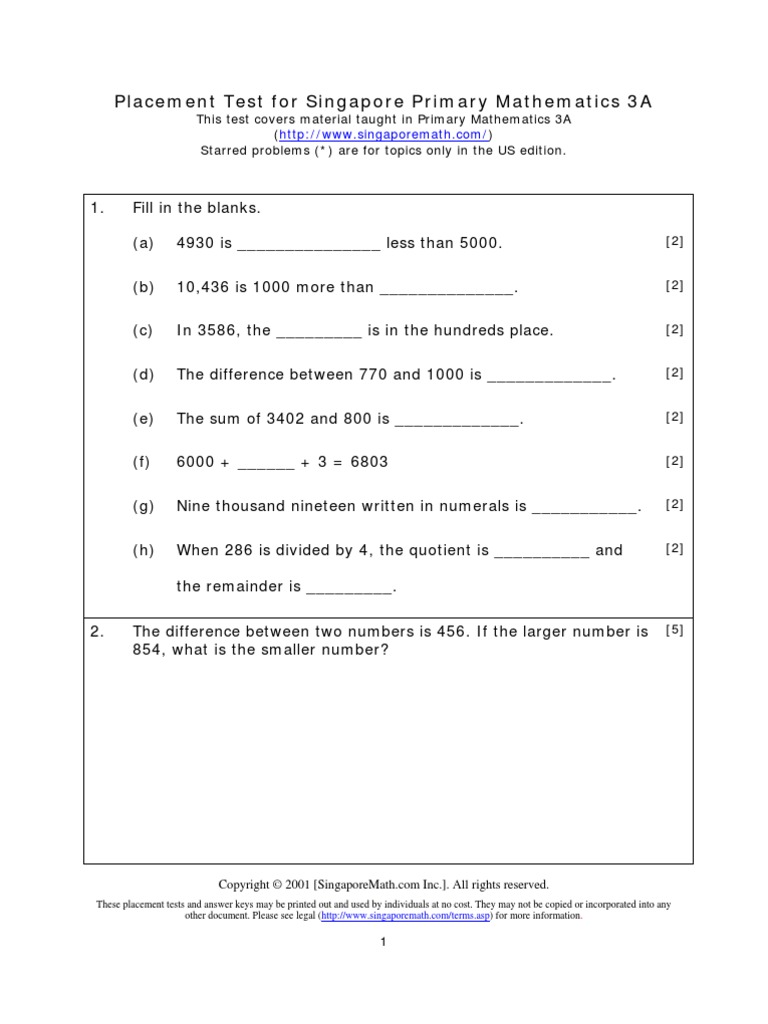 Primary 3 Placement Test | PDF | Teaching Mathematics