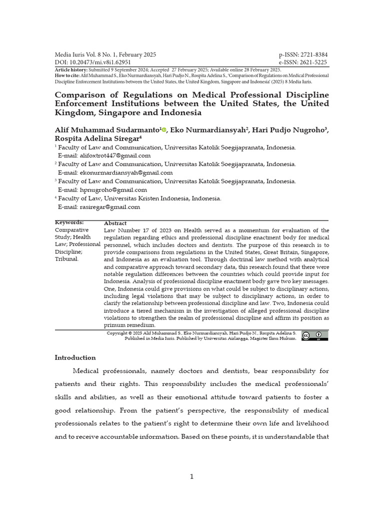 Comparison of Regulations On Medical Professional Discipline ...