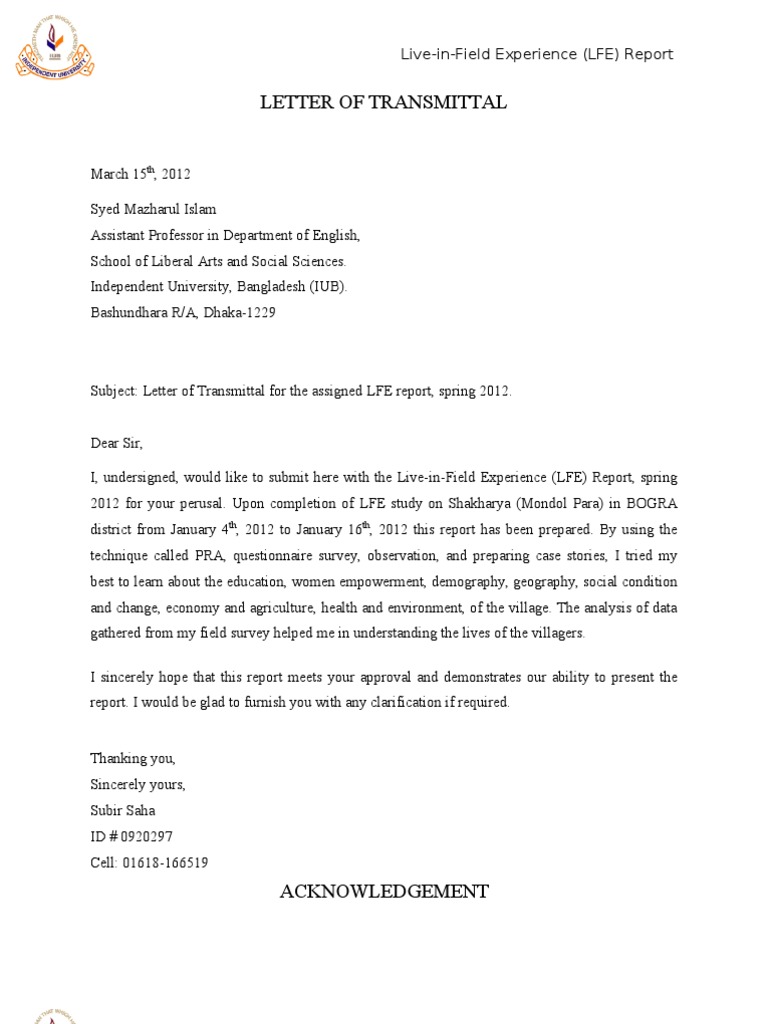 Letter of Transmittal | PDF | Bangladesh | Professor