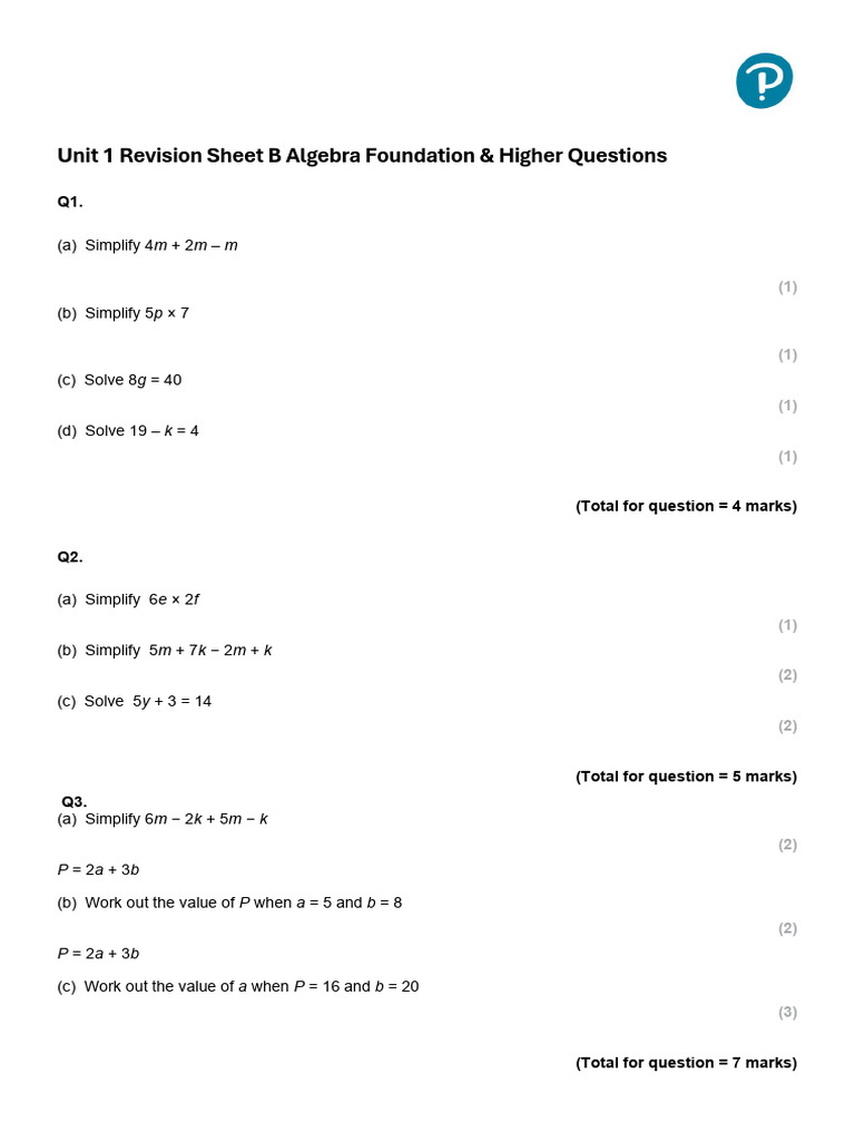 Printer Friendly Unit 1 Revision Sheet B Algebra Foundation Foundation ...