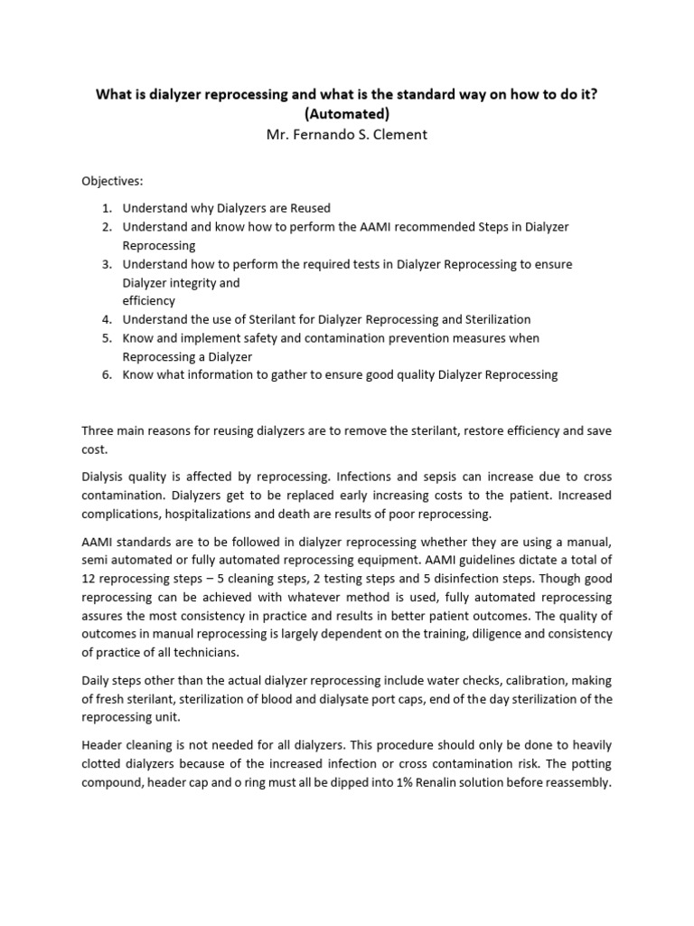 Dialyzer Reprocessing: AAMI Guidelines Explained | PDF | Hemodialysis ...